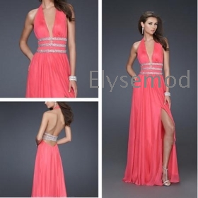 Buy Beautiful Low Cut V Neck Front Slit Chiffon Backless Halter Prom ...